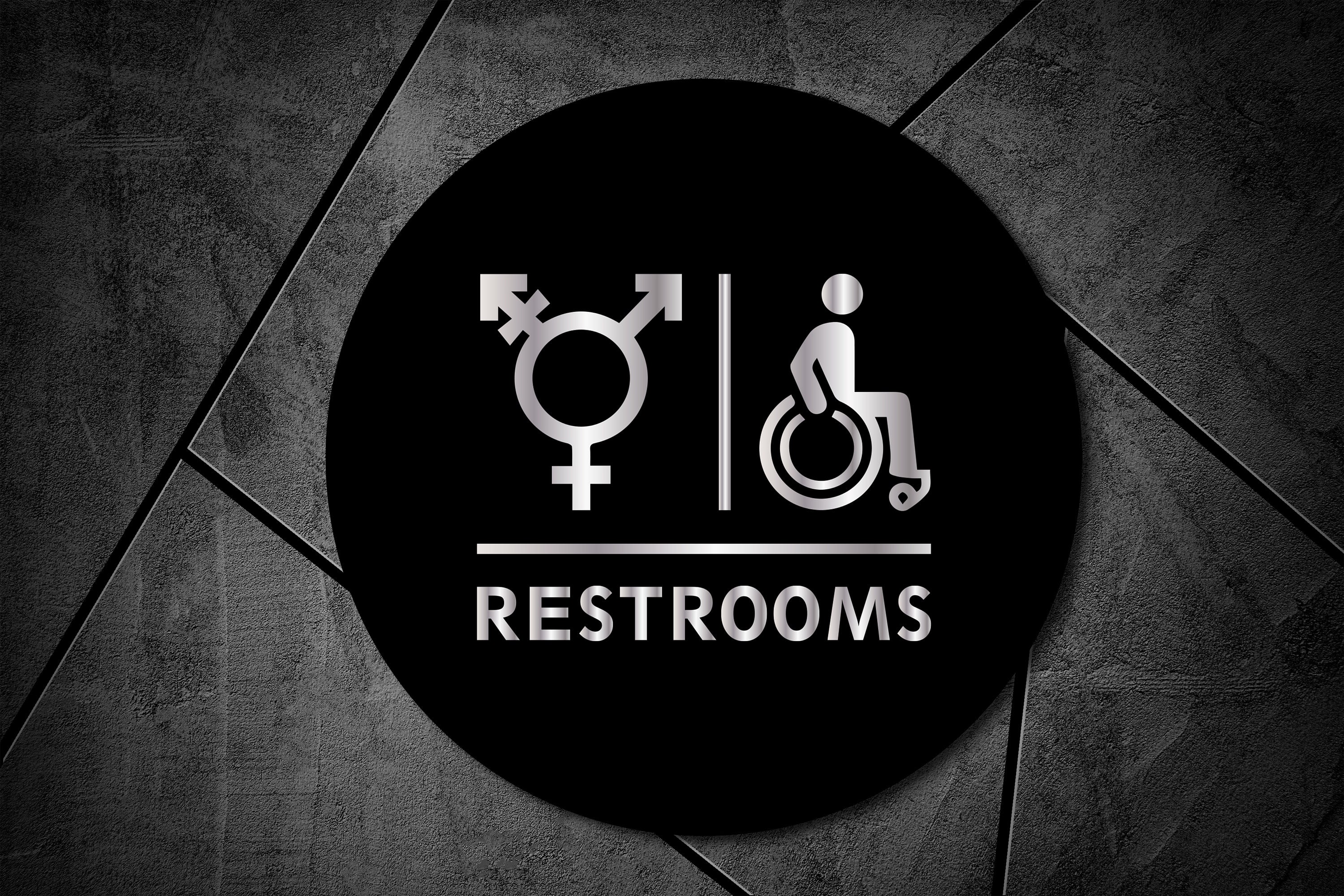 Round Unisex WC Sign Modern Black Silver Acrylic Restroom Sign for ...