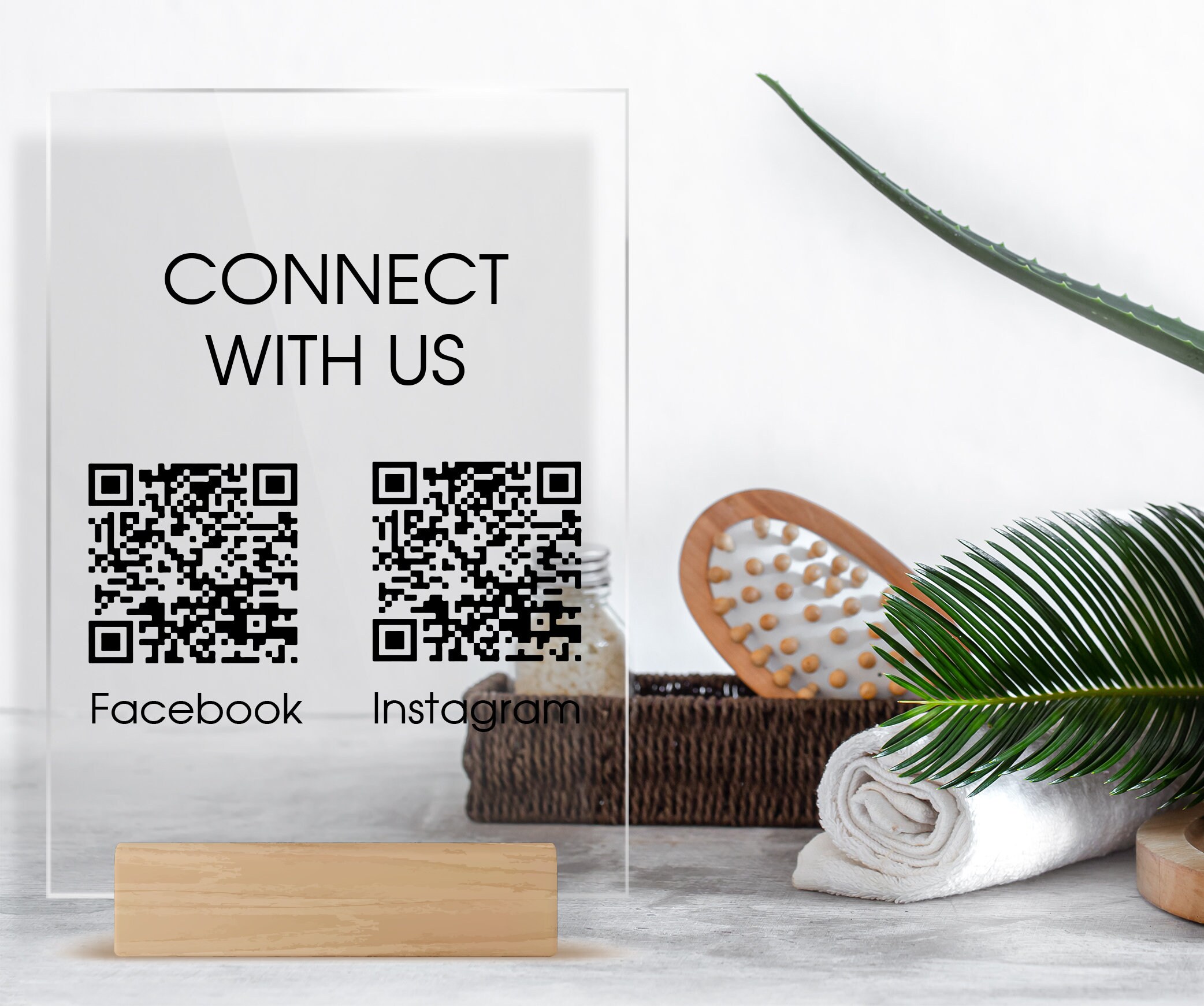 Connect With Us Sign, QR Code Social Media Acrylic Sign With Wooden ...