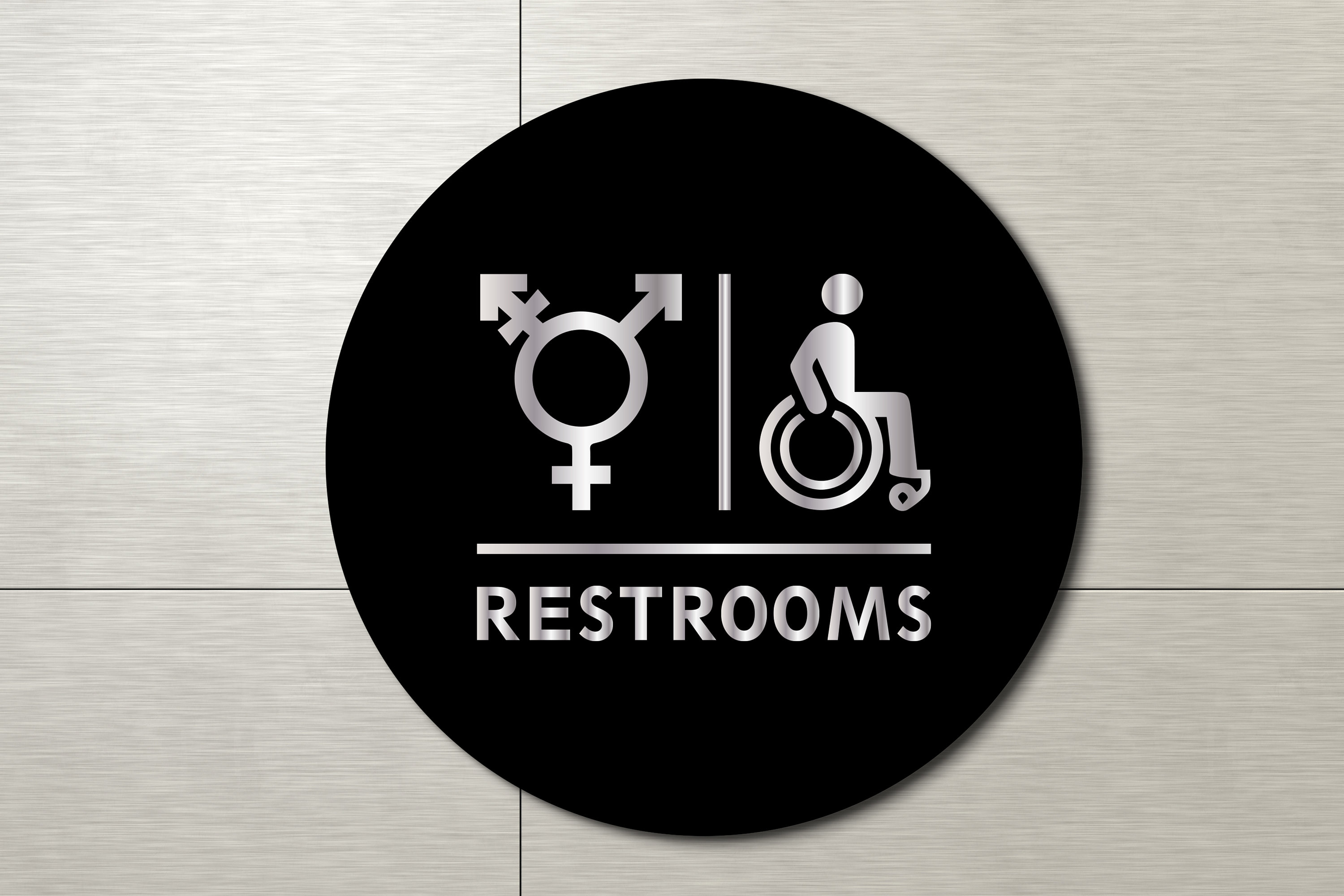 Round Unisex WC Sign Modern Black Silver Acrylic Restroom Sign for ...