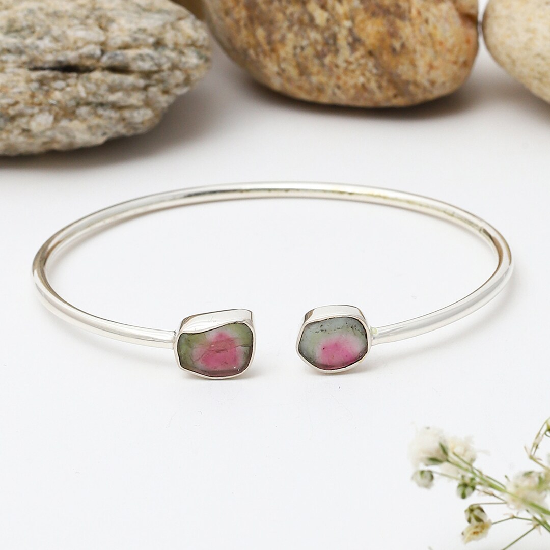 Raw Watermelon Tourmaline Bangle Rough Tourmaline Bracelet Silver Cuff ...