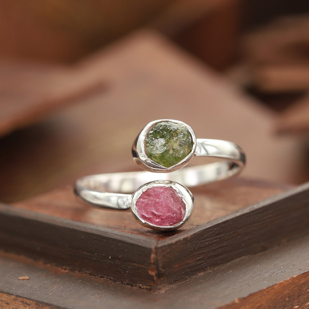 Double Stone Watermelon Tourmaline Raw Gemstone Ring 925 Sterling ...