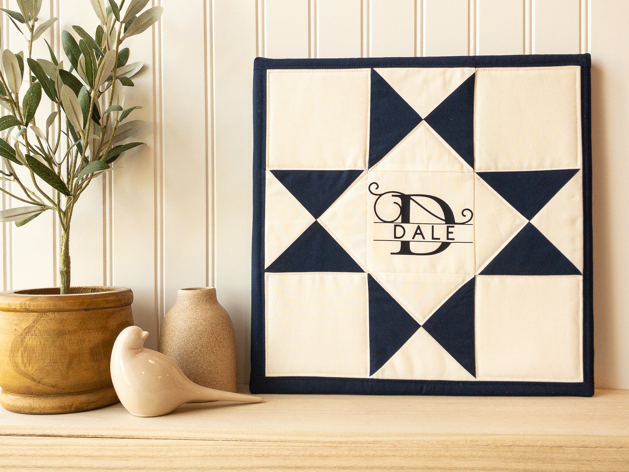 Personalized Quilt Block Wall Hanging Set, Navy Blue Minimalist Wall ...
