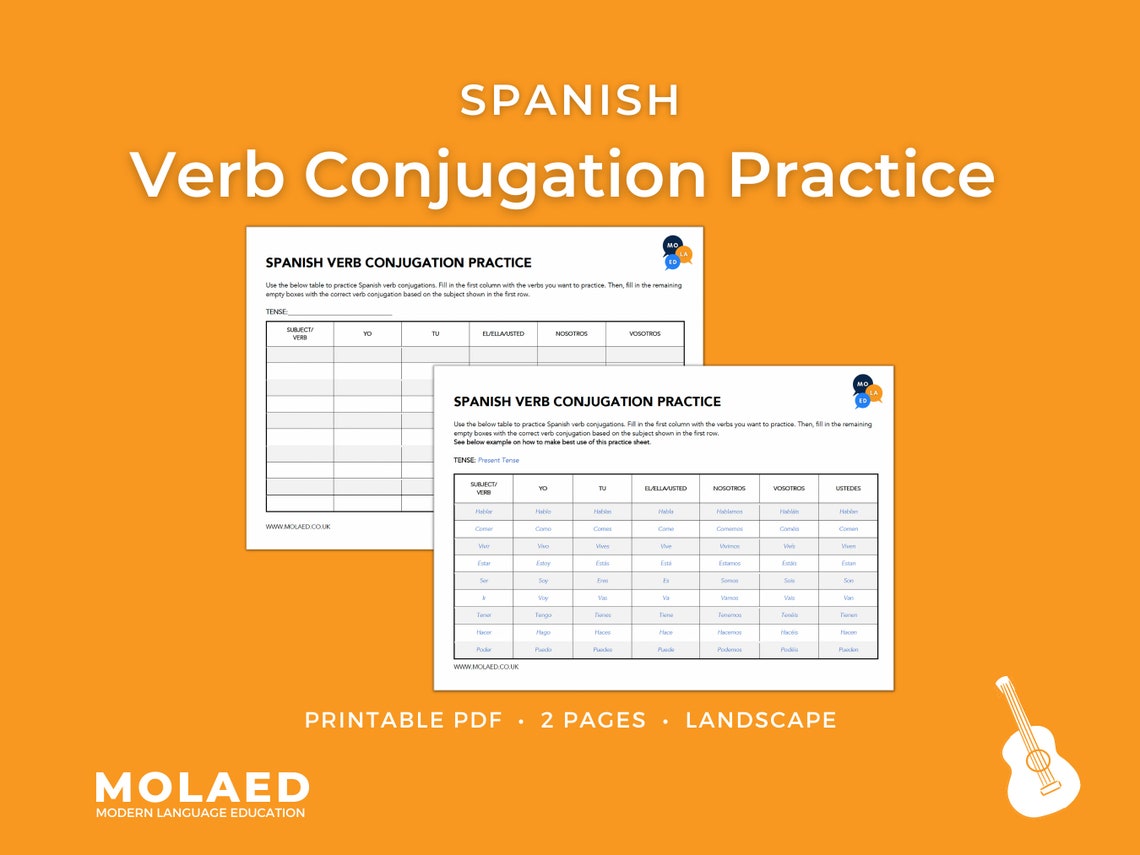 Spanish Verb Conjugation Practice Sheet - Etsy