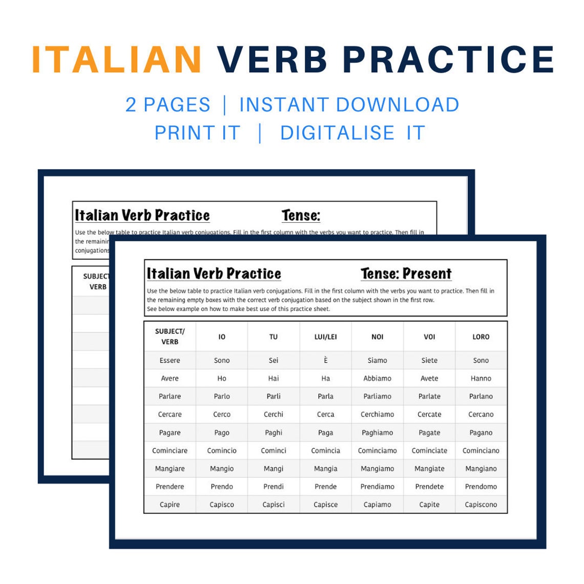 Italian Verb Conjugation Sheet Foreign Language Learning Worksheet ...