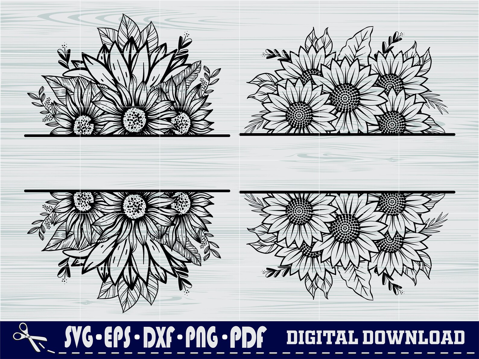 Split Sunflower SVG Monogram SVG Half Sunflower Clipart - Etsy