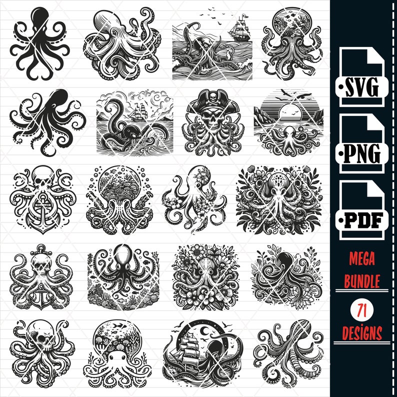 Octopus SVG Mega Bundle, Floral Kraken, Squid Tentacles (PDF, PNG) - Etsy