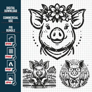 Cute PIG SVG PNG Bundle,#2, Funny Pig Svg, Floral Pig Svg, Farm Animal ...