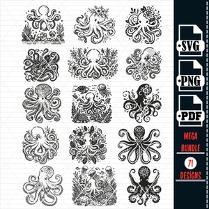 Octopus SVG Mega Bundle, Floral Kraken, Squid Tentacles (PDF, PNG) - Etsy