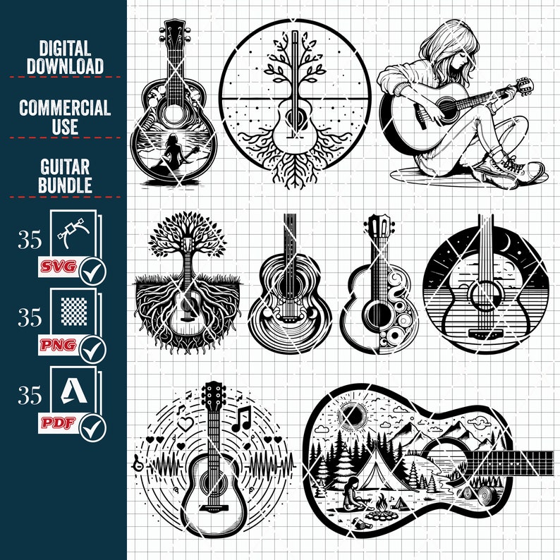 Guitar SVG Bundle, Floral, Acoustic, Electric, Music Notes (digital ...