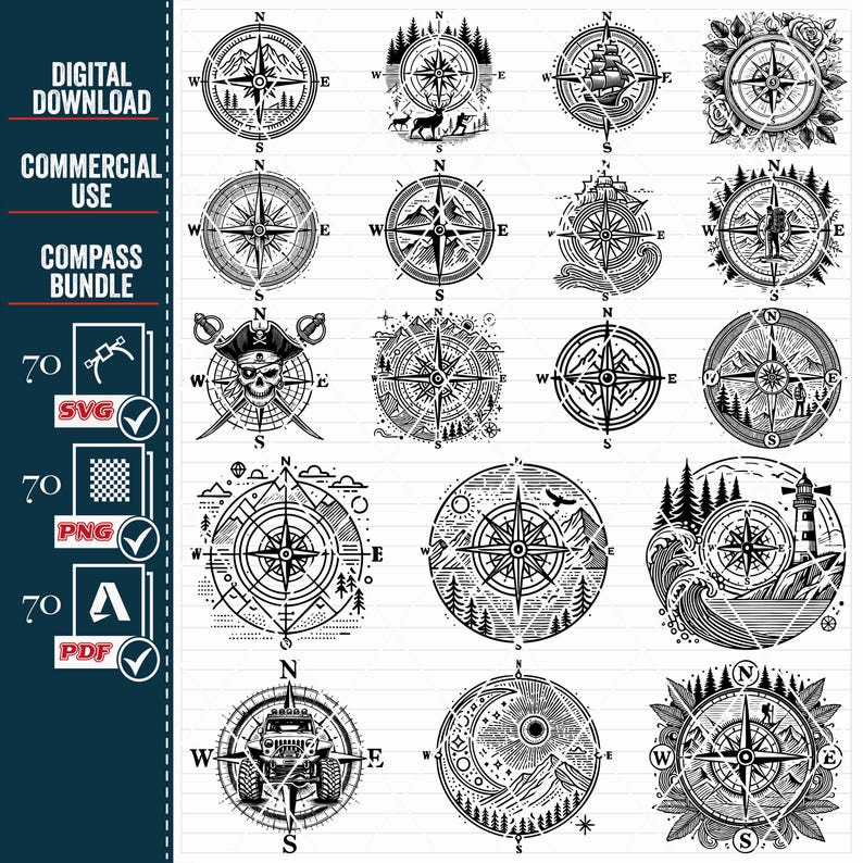 Nautical Compass SVG PNG Bundle, Vector Clipart (commercial Use) - Etsy