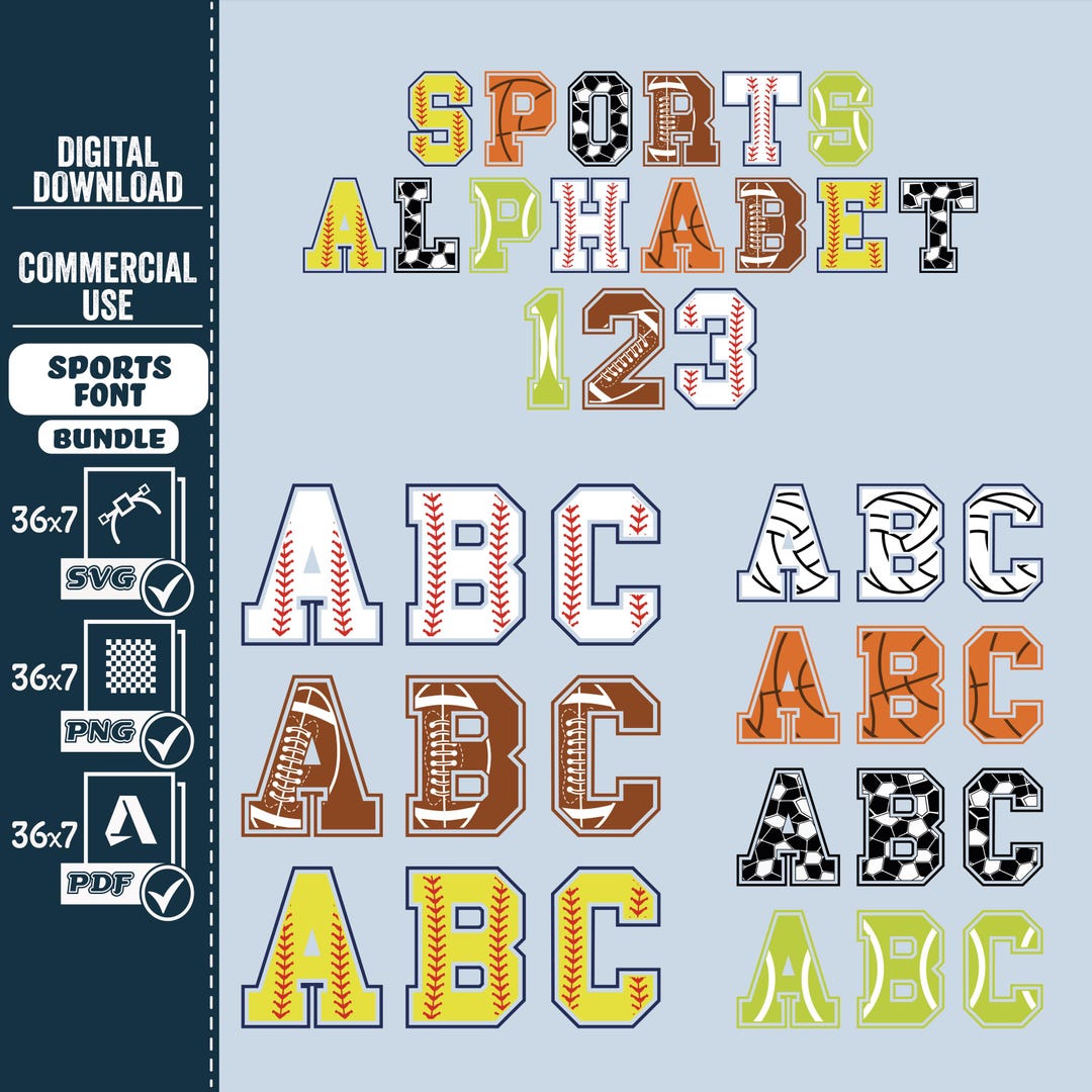 Sports Font Svg Png Alphabet Letters Sports Bundle Baseball Basketball ...