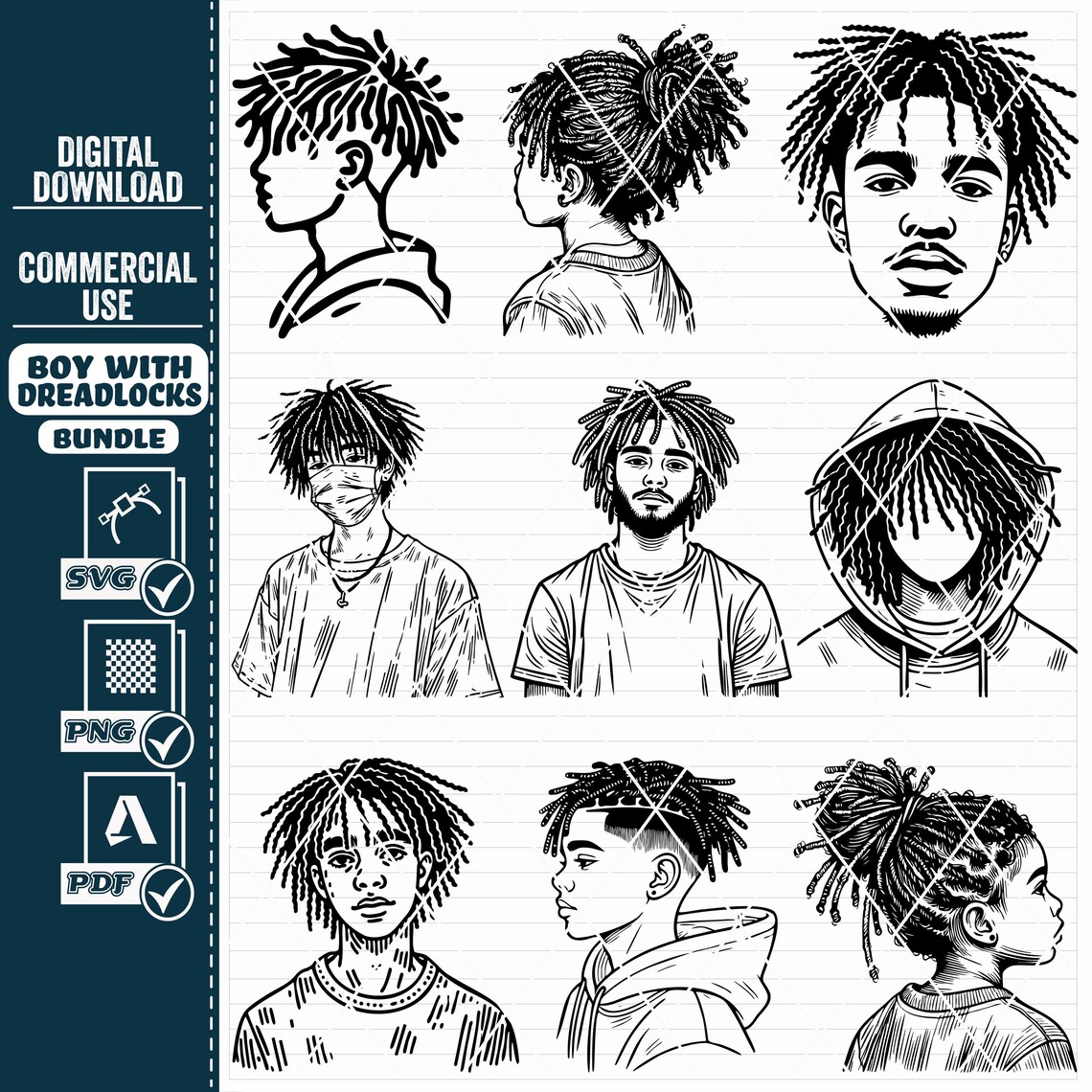 Boy Dreadlocks SVG Bundle, Clipart, Vector Cut Files (digital Download ...
