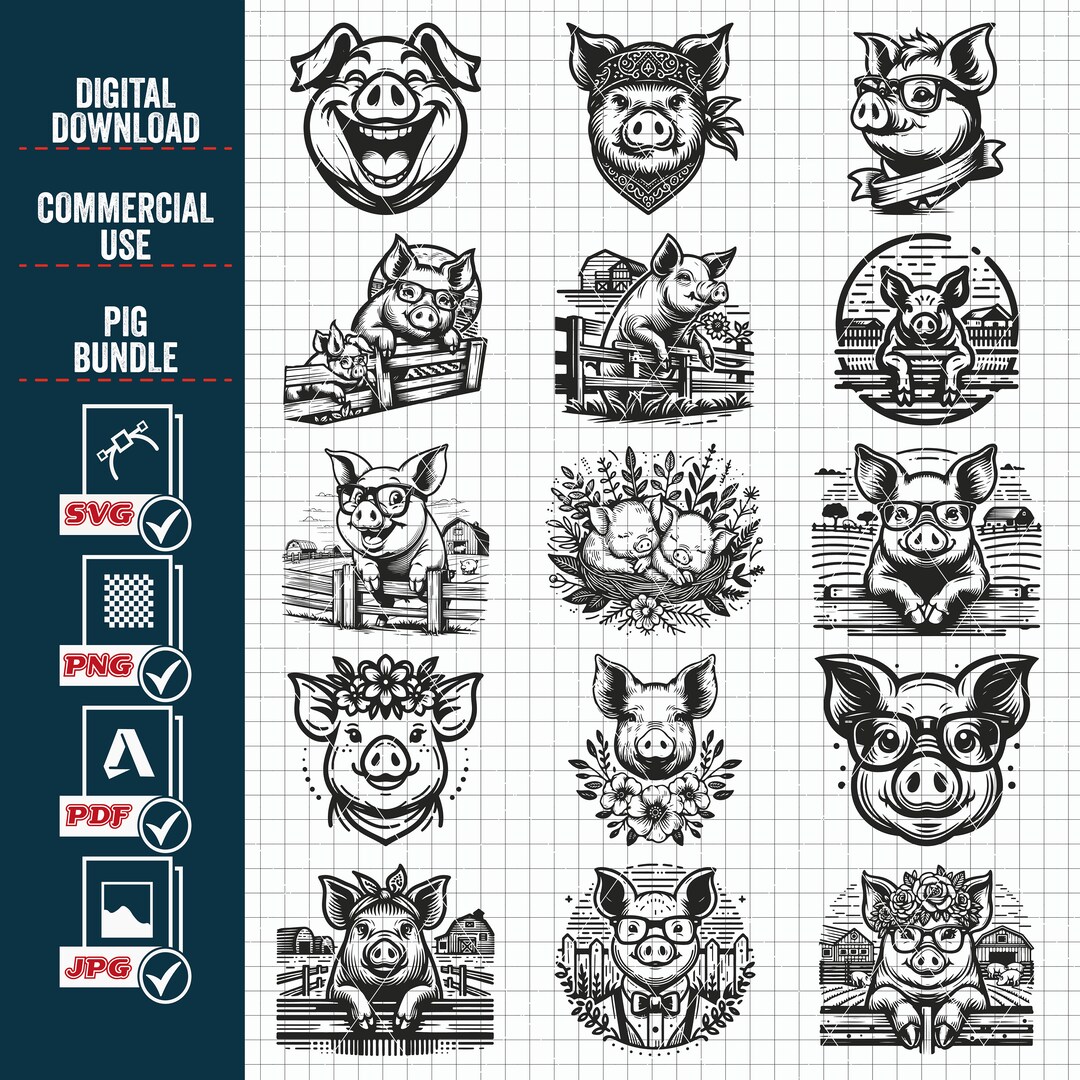 Cute PIG SVG PNG Bundle,#2, Funny Pig Svg, Floral Pig Svg, Farm Animal ...