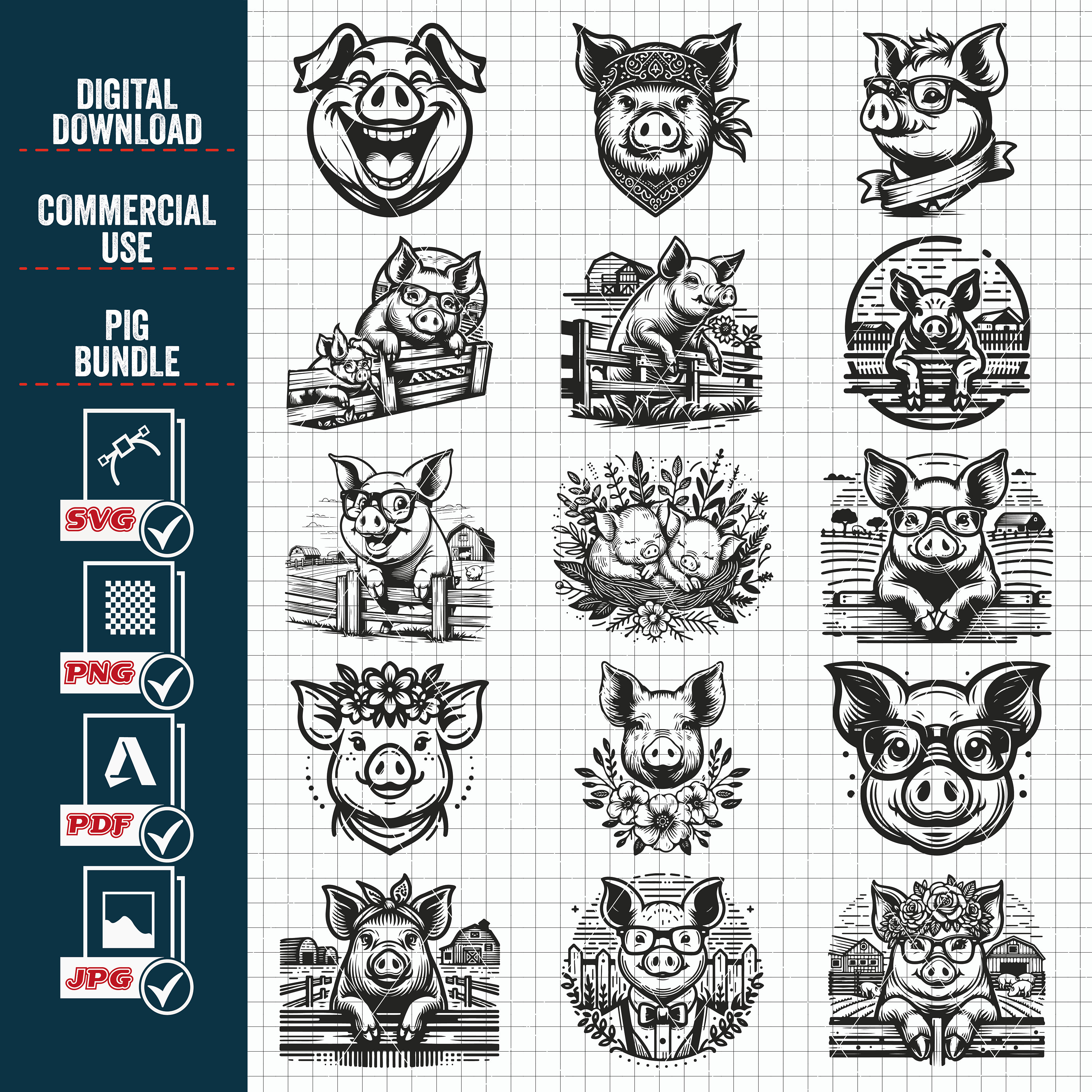 Cute PIG SVG PNG Bundle,#2, Funny Pig Svg, Floral Pig Svg, Farm Animal ...