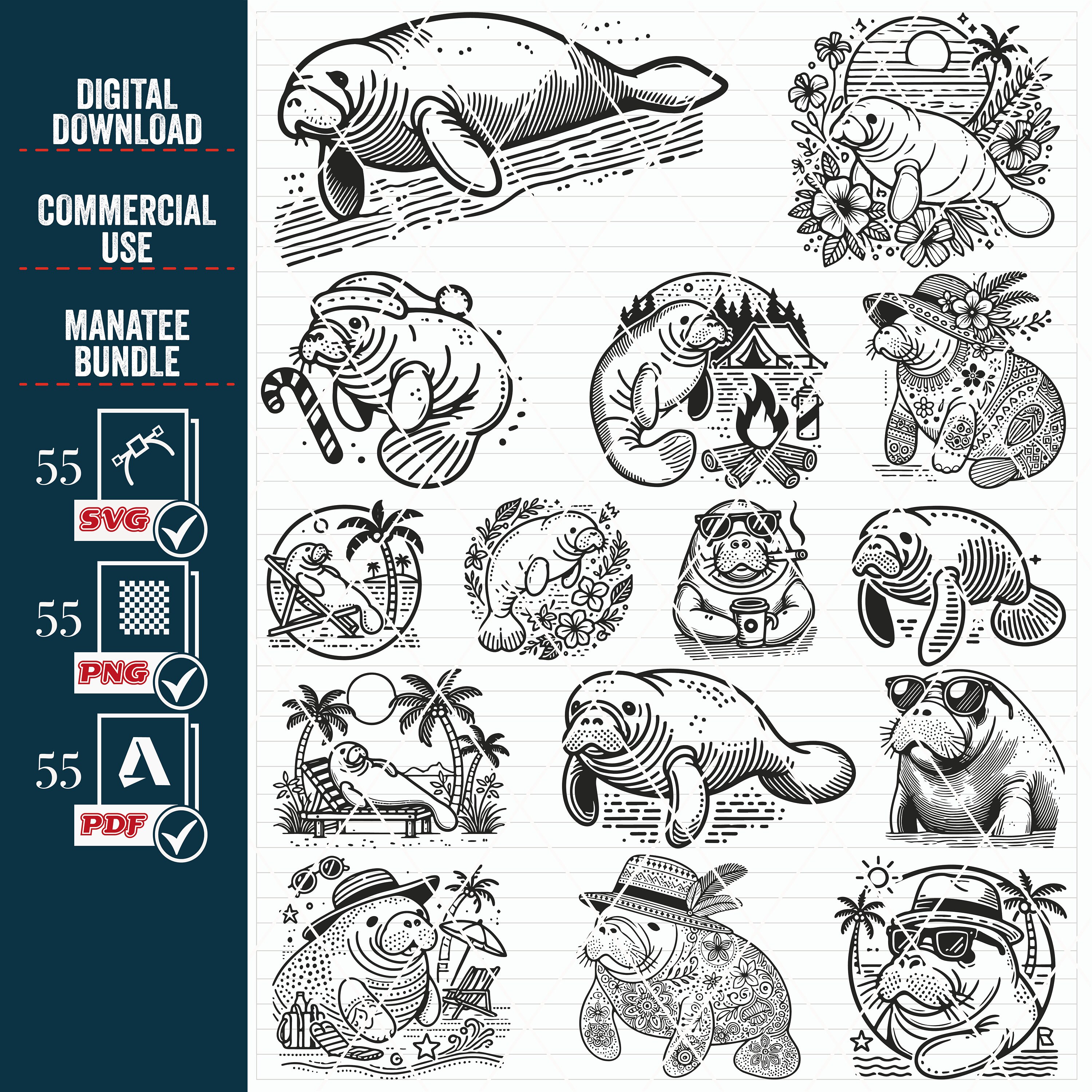 Floral Manatee SVG PNG Bundle, Sea Creature Clipart (digital Download ...