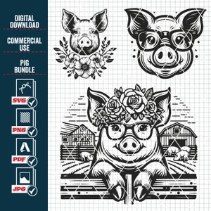 Cute PIG SVG PNG Bundle,#2, Funny Pig Svg, Floral Pig Svg, Farm Animal ...