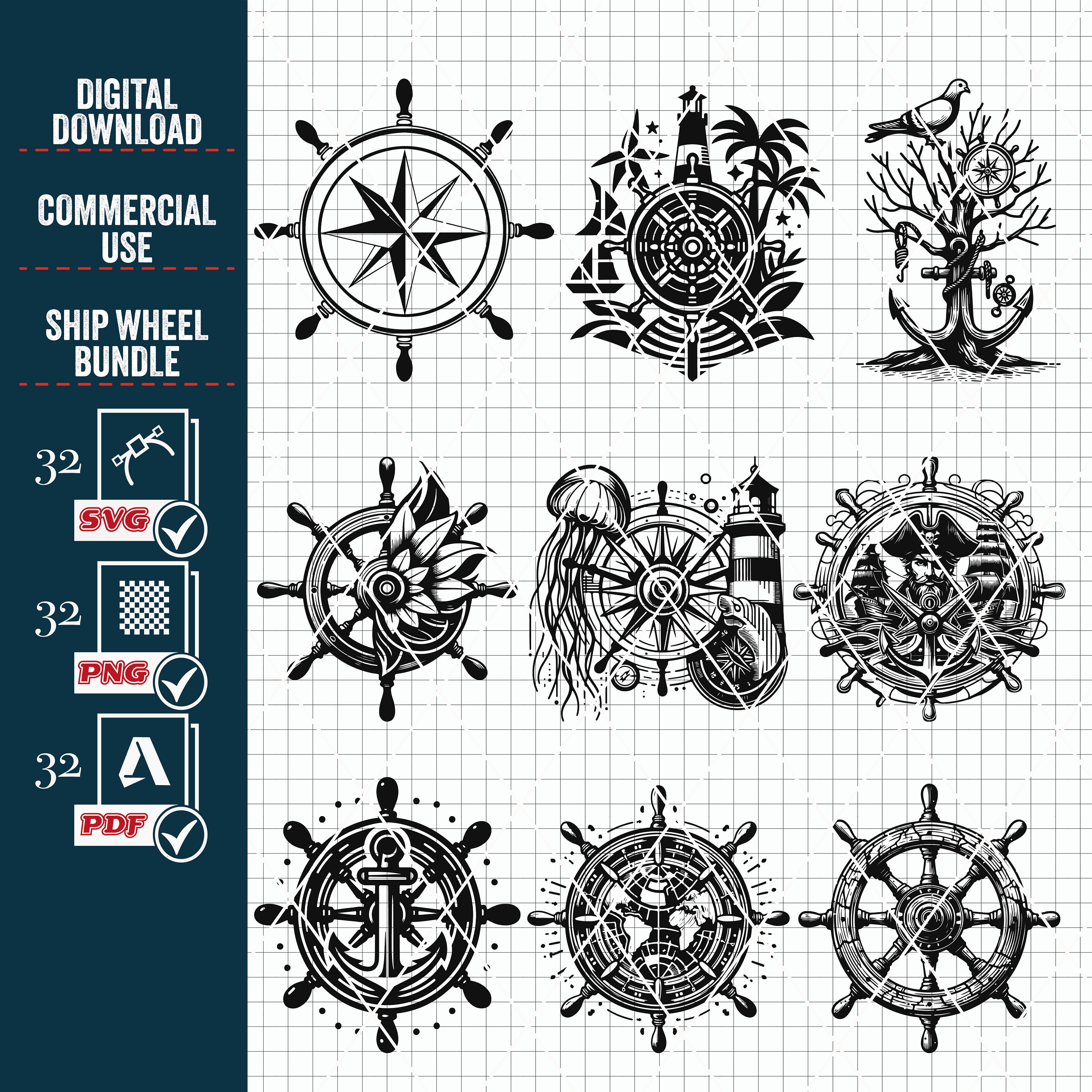 Ship Wheel SVG Bundle, Nautical Steering Wheel Clipart (digital ...
