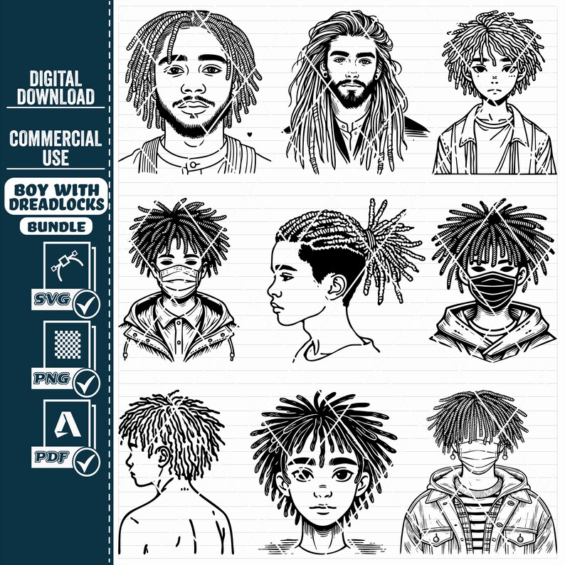 Boy Dreadlocks SVG Bundle, Clipart, Vector Cut Files (digital Download ...