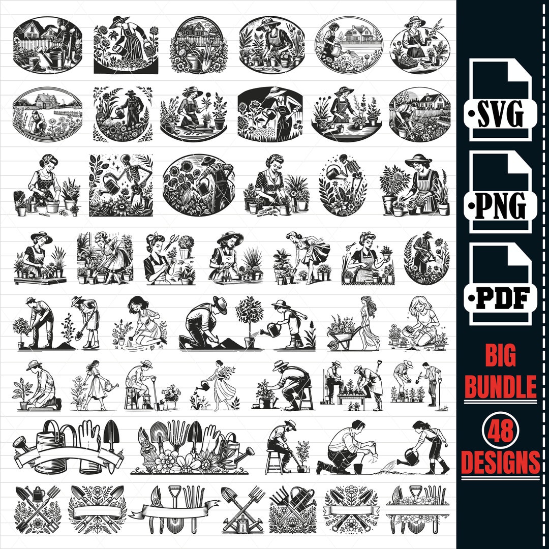 Gardener SVG Big Bundle, Gardening Tools Cut Files, Clipart (48 Designs ...