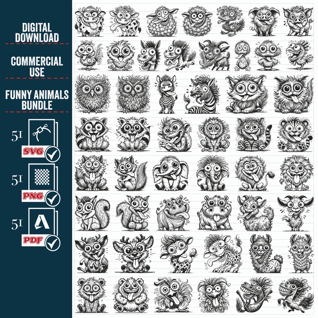 CRAZY FUNNY Animals SVG Png Mega Bundle, Funny Safari Animals Forset ...