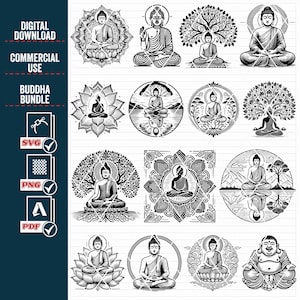 Buddha SVG Bundle, PNG, Buddhism Clipart, Hand Drawn Buddha Tree Vector ...