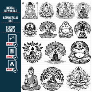 Buddha SVG Bundle, PNG, Buddhism Clipart, Hand Drawn Buddha Tree Vector ...