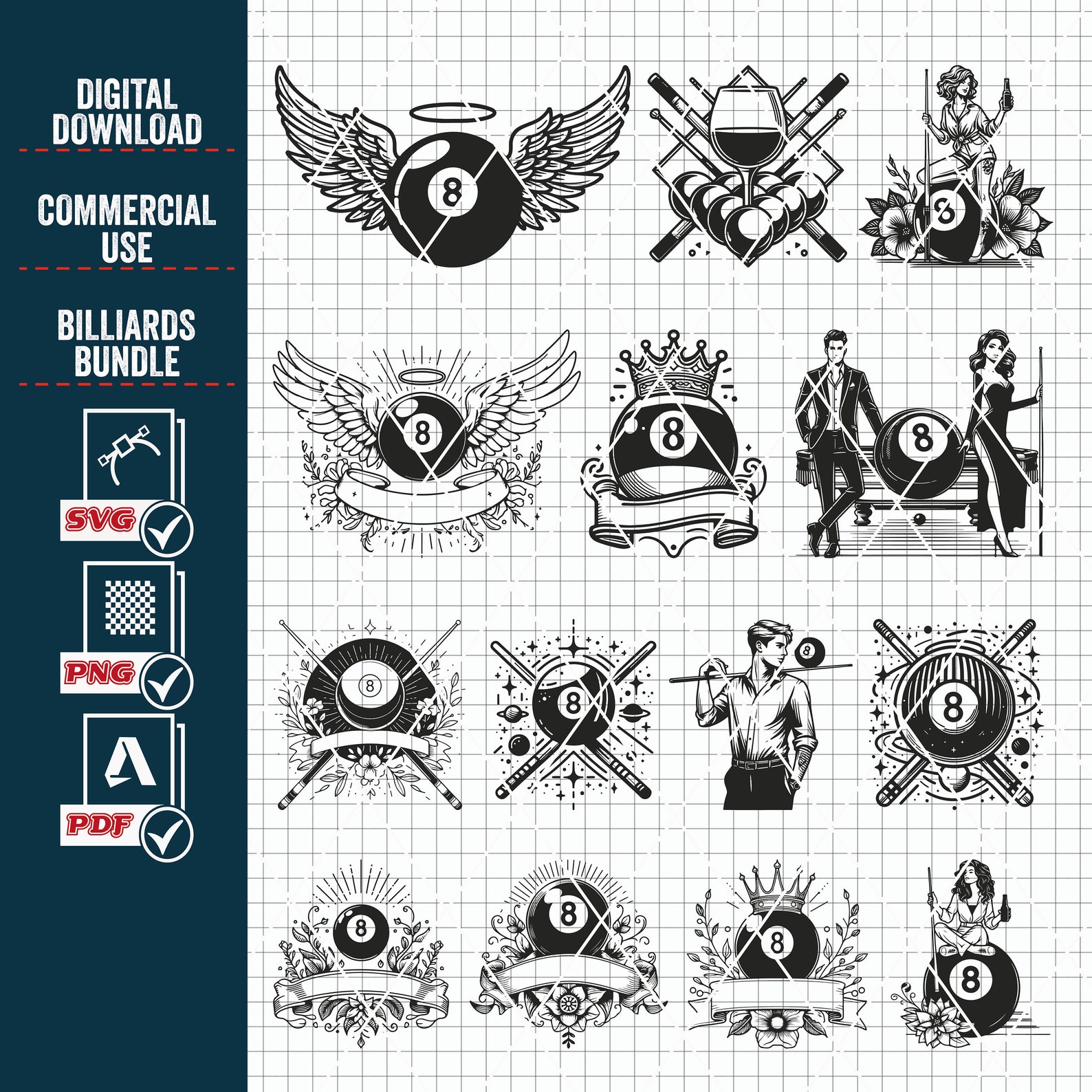 Billiards Pool Player Designs Mega Bundle, SVG PNG (digital Download ...