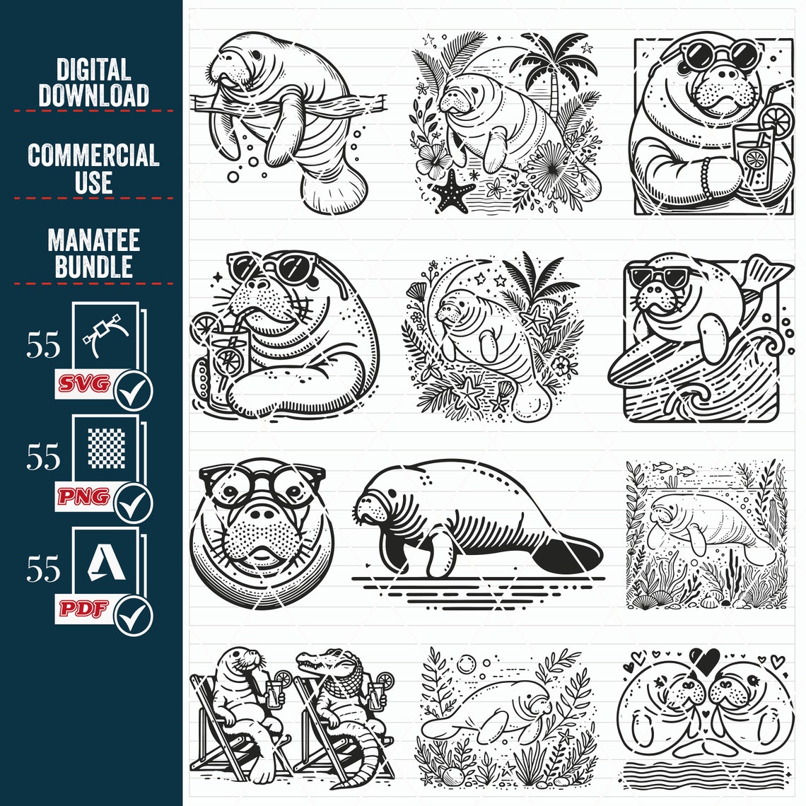 Floral Manatee SVG PNG Bundle, Sea Creature Clipart (digital Download ...
