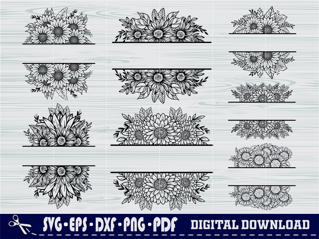 Split Sunflower SVG, Monogram SVG, Half Sunflower Clipart, Split Flower ...