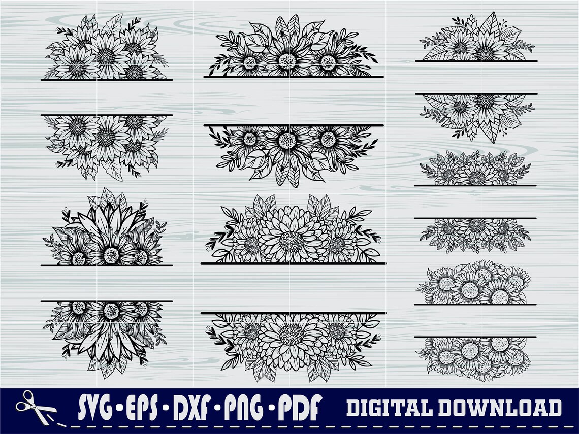 Split Sunflower SVG Monogram SVG Half Sunflower Clipart - Etsy