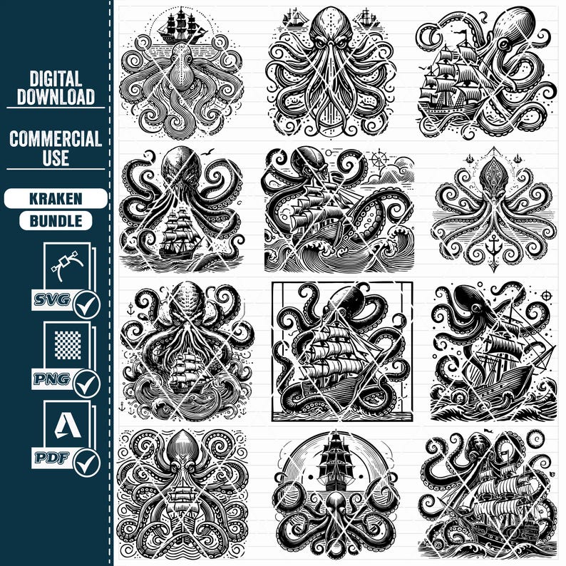 Kraken SVG Bundle, Sea Monster Clipart, Laser Cut Files (commercial Use ...