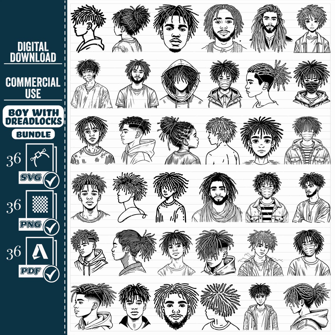 Boy Dreadlocks SVG Bundle, Clipart, Vector Cut Files (digital Download ...