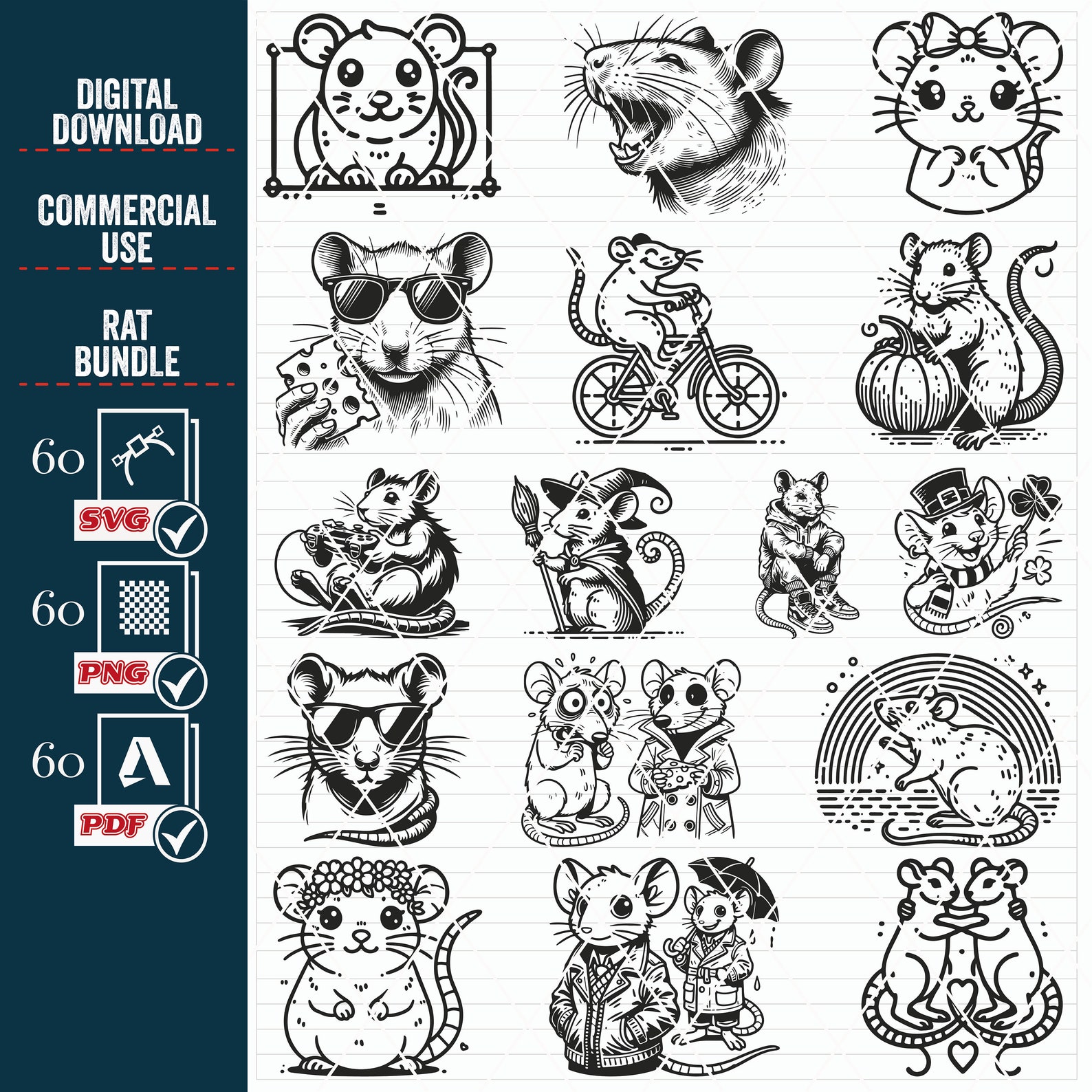 RAT SVG Png Mega Bundle, Cute Rat Svg, Rat Clipart, Rat Cut Files for ...