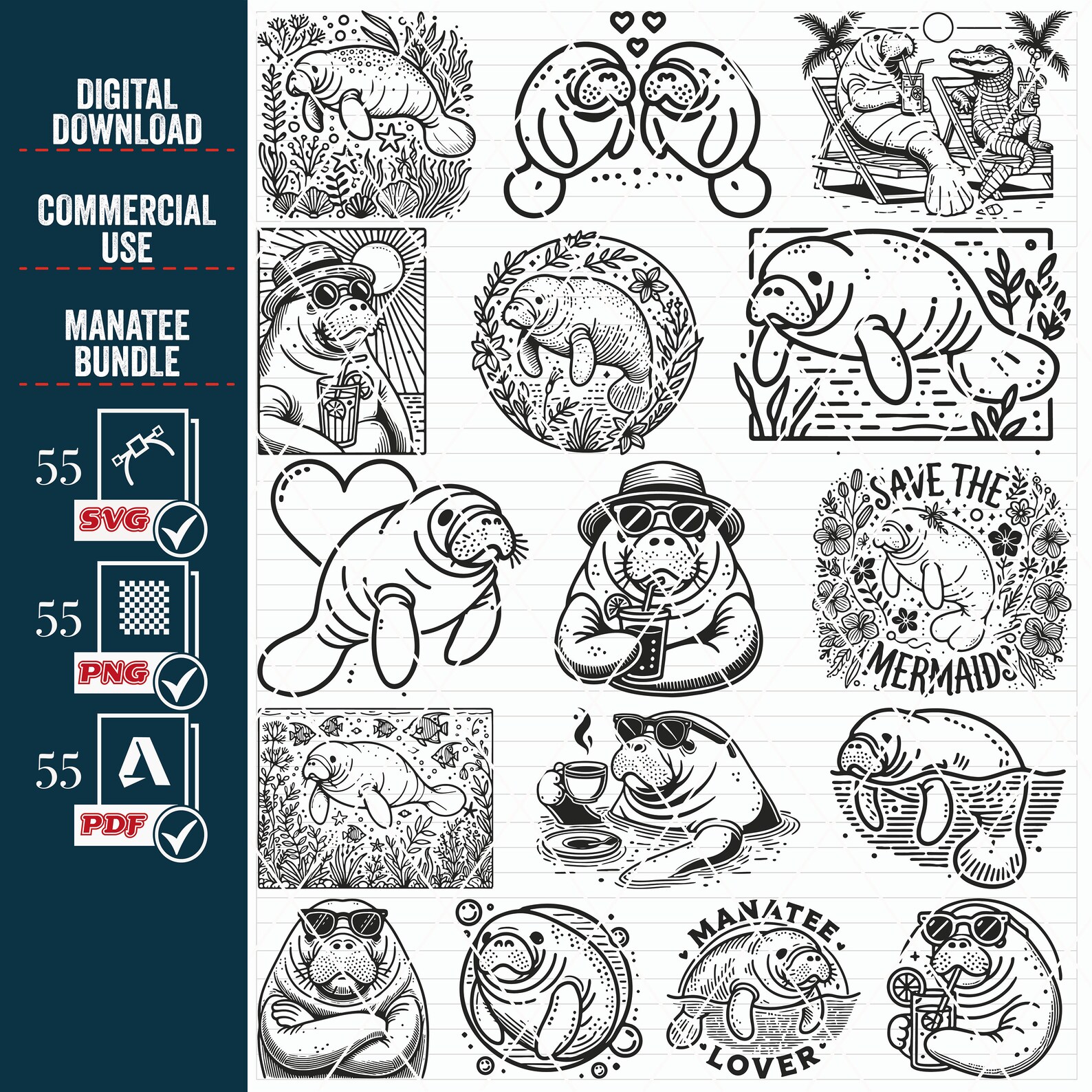 Floral Manatee SVG PNG Bundle, Sea Creature Clipart (digital Download ...