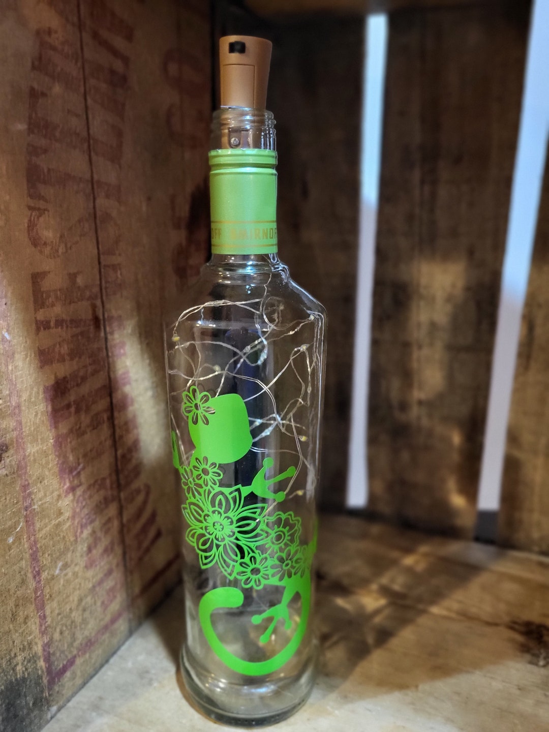Mandala Gecko Recycled Vodka Bottle Lamp With Fairy Lights - Etsy