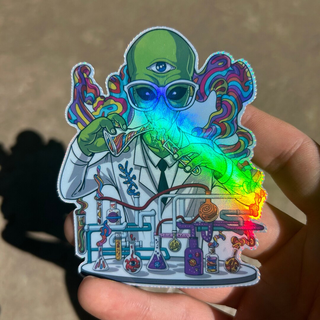 Alien Science Lab Holographic Sticker Waterproof Vinyl Trippy Stoner ...