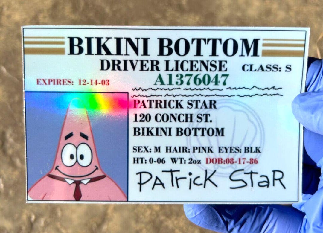 Spongebob Patrick Star Driver License Sticker Holographic Waterproof ...