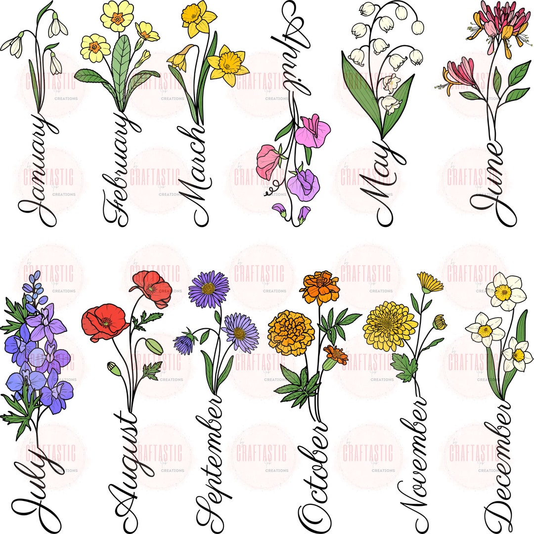 Watercolor Birth Flower Wall Art, Birth Flower Set of 12, Birth Flower ...