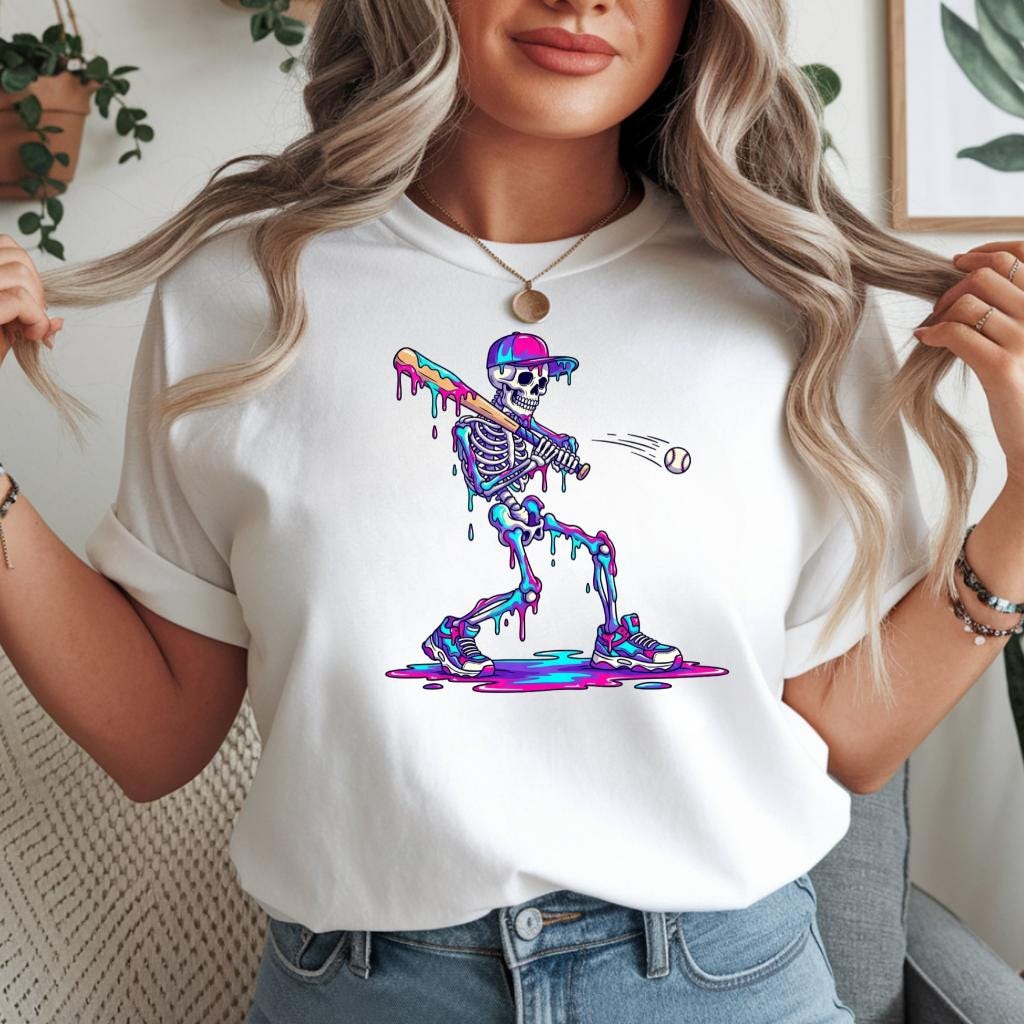 Neon Drip Skeleton Baseball PNG: Vaporwave Skull Batter Clipart ...