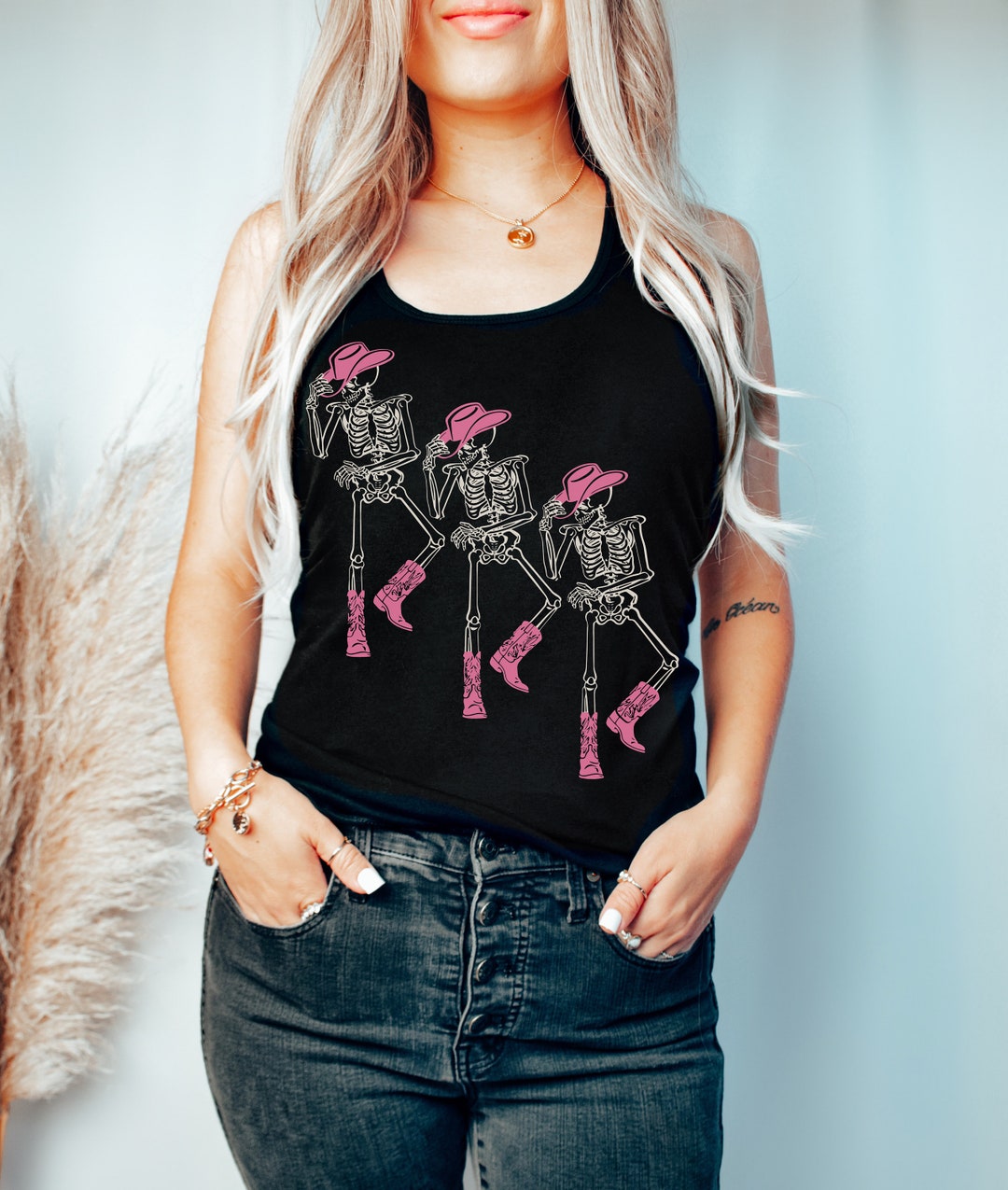 Dancing Skeleton Western Tank Tops Western Gothic Cowgirl Skeleton ...