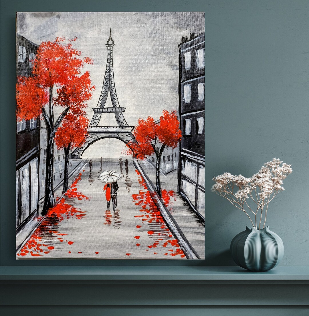 Paris Eiffel Tower, Couple Walking, Red Trees, City Scape, Spring ...