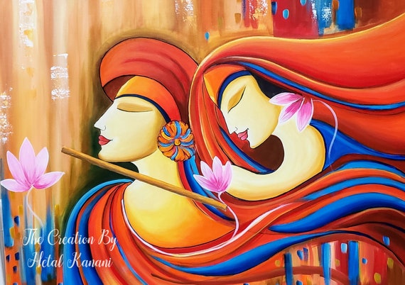 Abstract Radha Krishna Original Painting Modern Contemporary Indian Art Hindu God Krishna Playing Flute Asian Art Handmade Large Wallartt Etsy