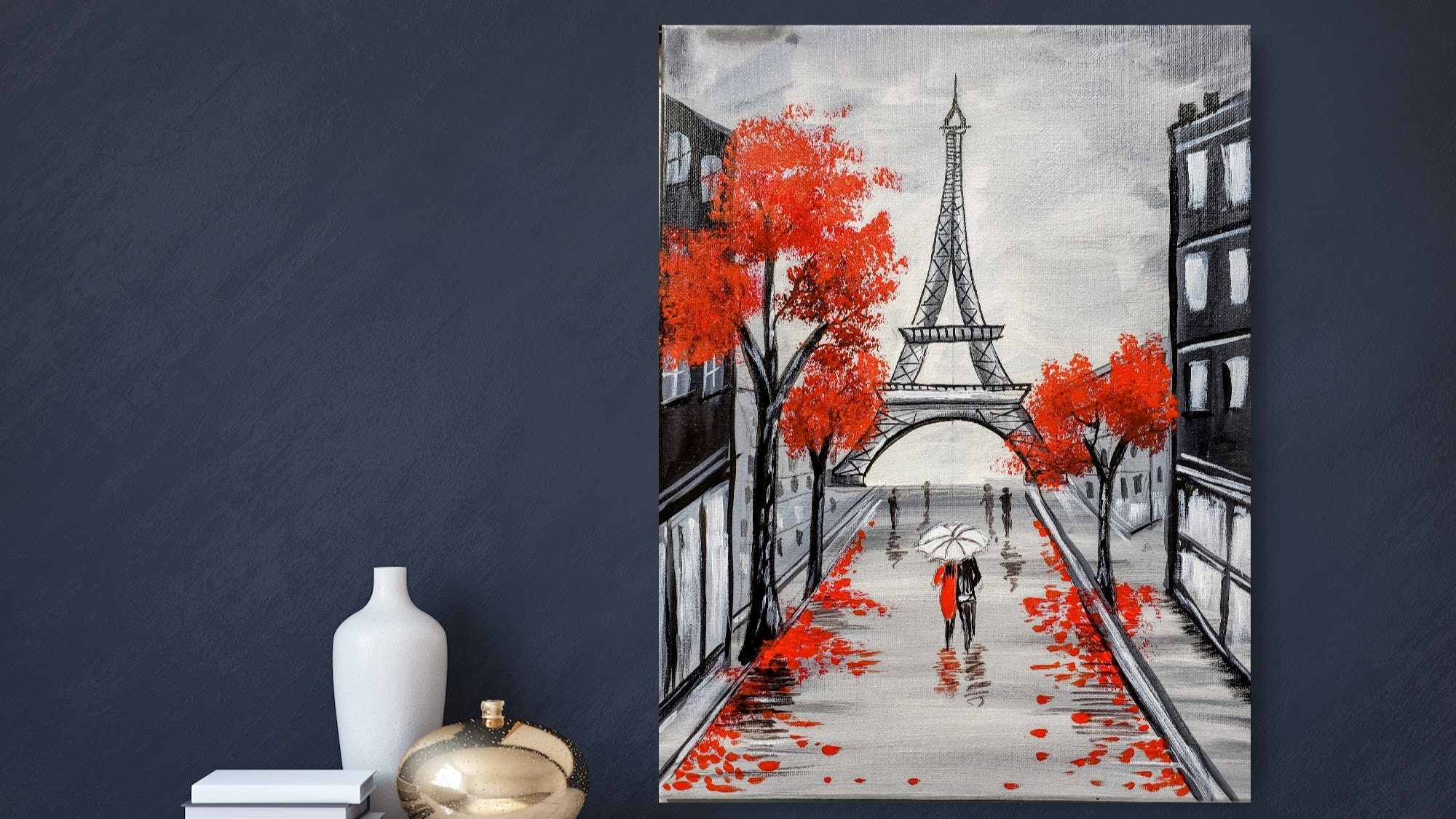 Paris Eiffel Tower, Couple Walking, Red Trees, City Scape, Spring ...