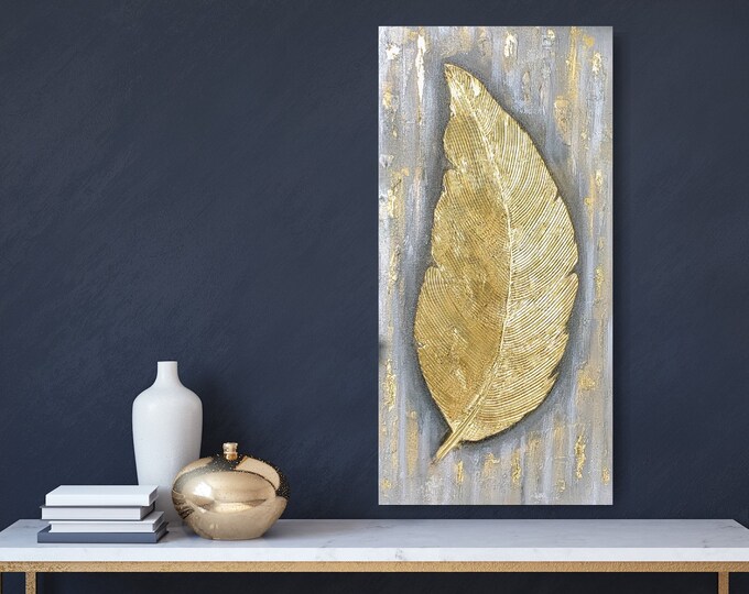Golden Leaf Textured Art, Abstract Modern Painting, Gold Silver ...