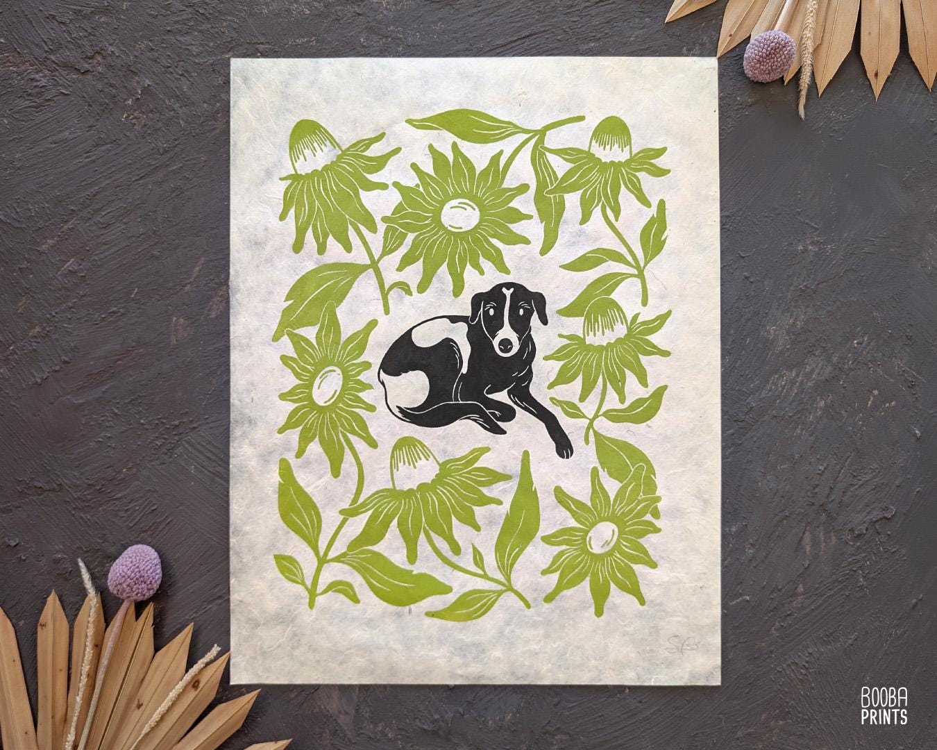 Dog Linocut Print, Green Flowers, Nature Inspired Wall Art - Etsy