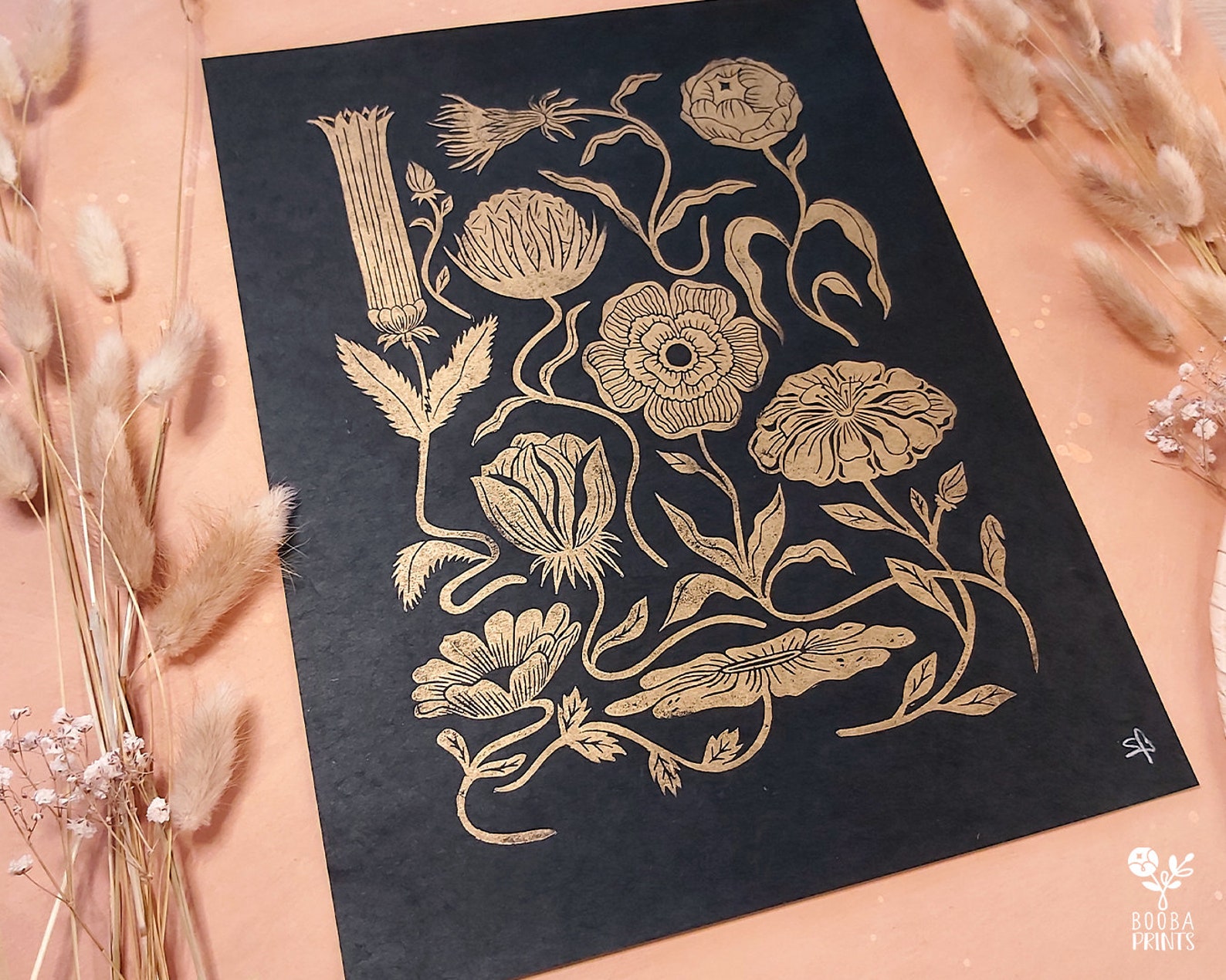 Handmade Floral Linocut Print in Metallic Gold unframed - Etsy
