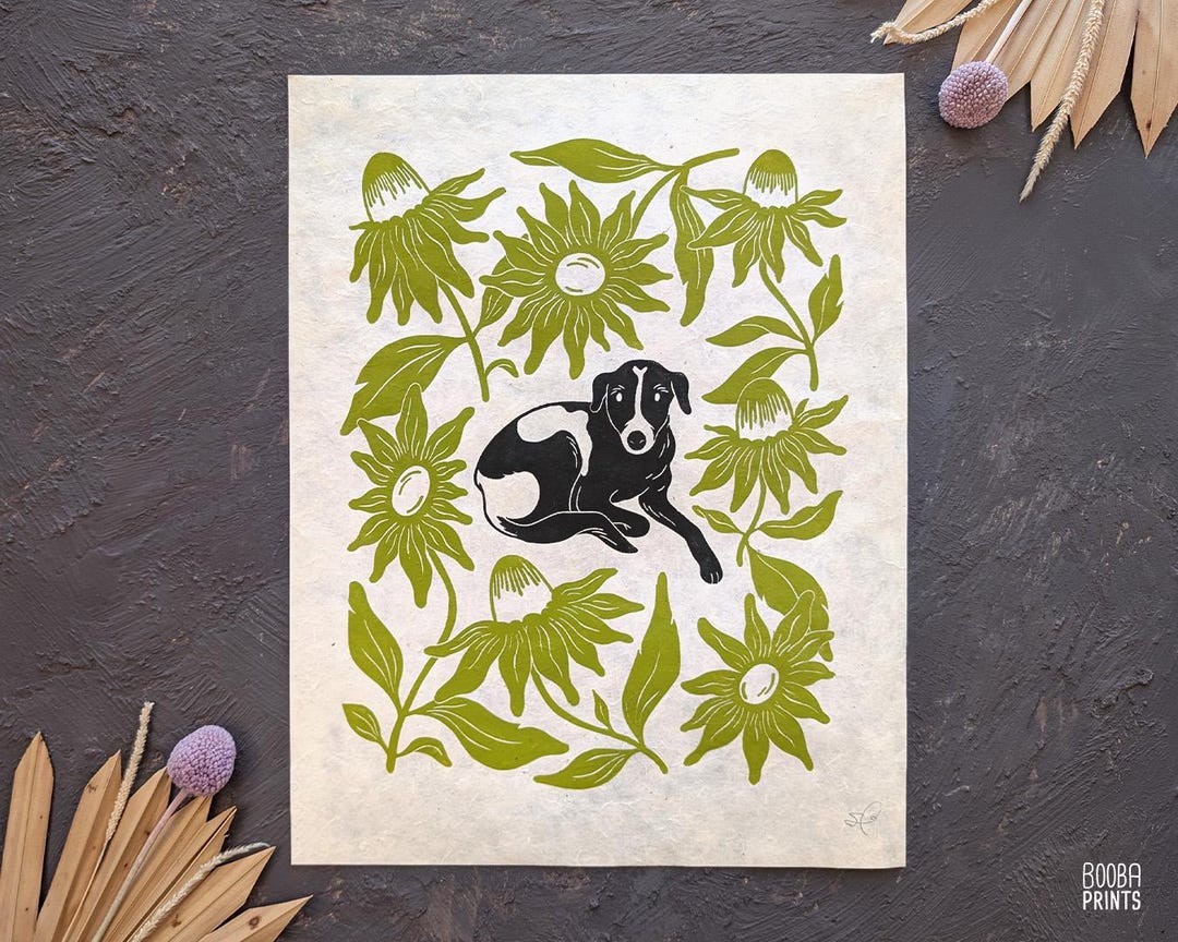 Dog Linocut Print, Green Flowers, Nature Inspired Wall Art - Etsy