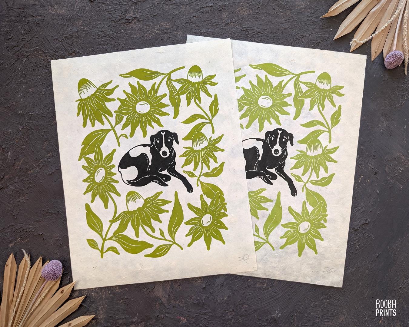 Dog Linocut Print, Green Flowers, Nature Inspired Wall Art - Etsy
