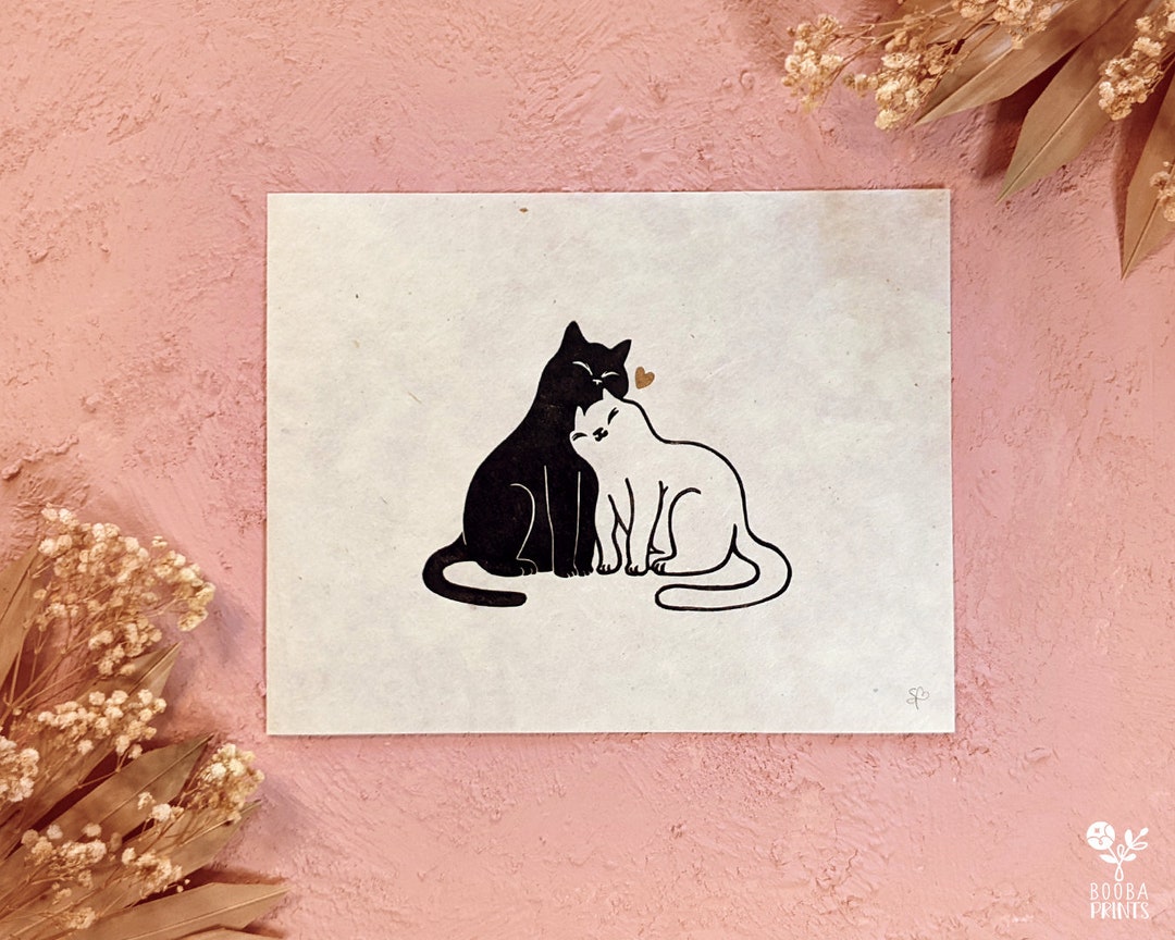 Handmade Original Linocut Print of Snuggly Cats unframed - Etsy Canada