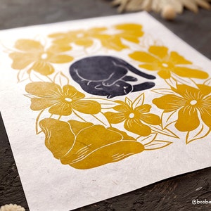 Handmade Linocut Lazy Cat Print (unframed), 2 Color Original Print in ...